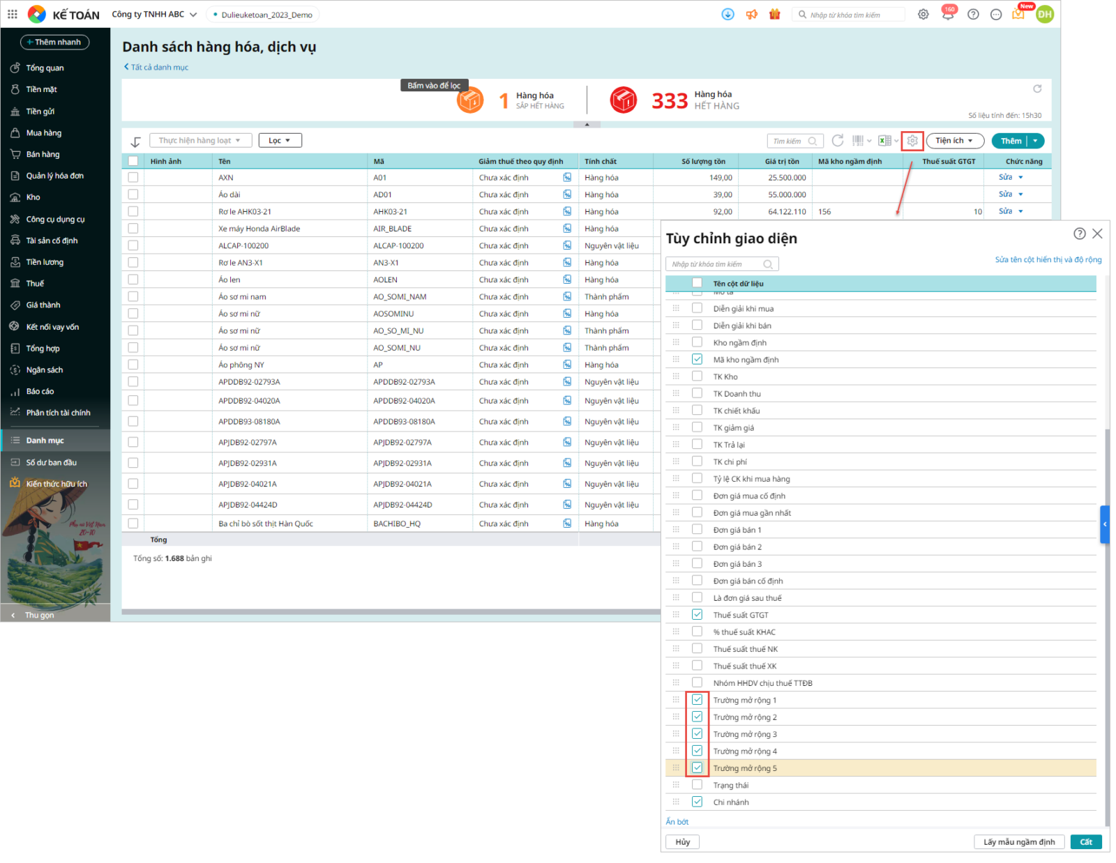 Bổ sung các trường mở rộng trên danh sách VTHH, chứng từ, báo cáo ...